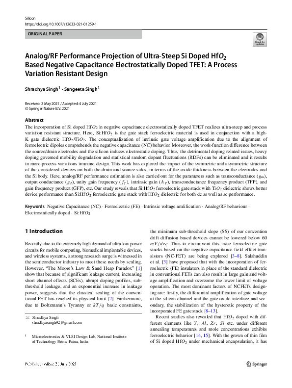 (PDF) Analog/RF Performance Projection of Ultra-Steep Si Doped HfO2 Based Negative Capacitance ...