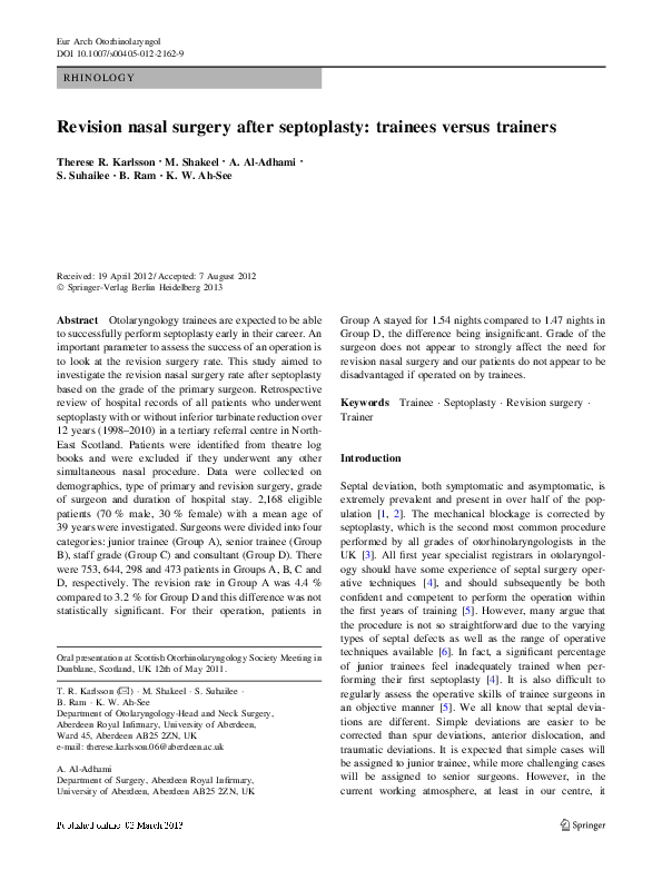 (PDF) Revision nasal surgery after septoplasty: trainees versus trainers