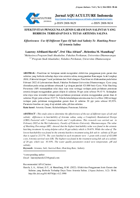(PDF) Efektivitas Penggunaan Jenis Garam Dan Salinitas Yang Berbeda Terhadap Daya Tetas Artemia ...