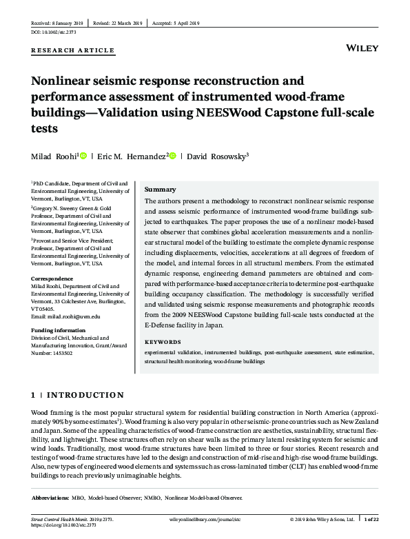 (PDF) Nonlinear seismic response reconstruction and performance assessment of instrumented wood ...