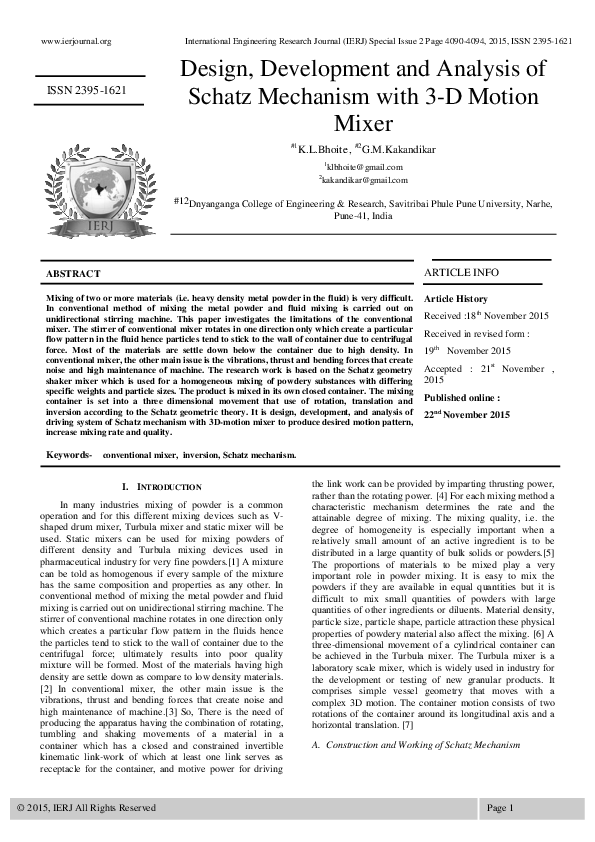 (PDF) Design, Development and Analysis of Schatz Mechanism with 3-D Motion Mixer