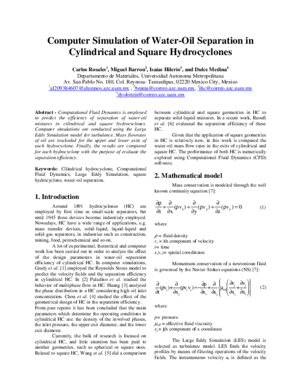 (PDF) Computer Simulation of Water-Oil Separation in Cylindrical and Square Hydrocyclones