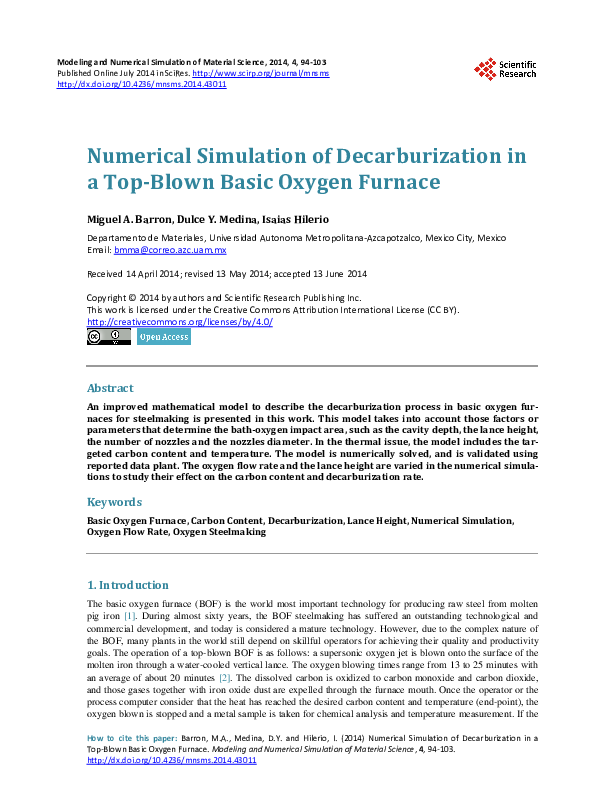 (PDF) Numerical Simulation of Decarburization in a Top-Blown Basic Oxygen Furnace