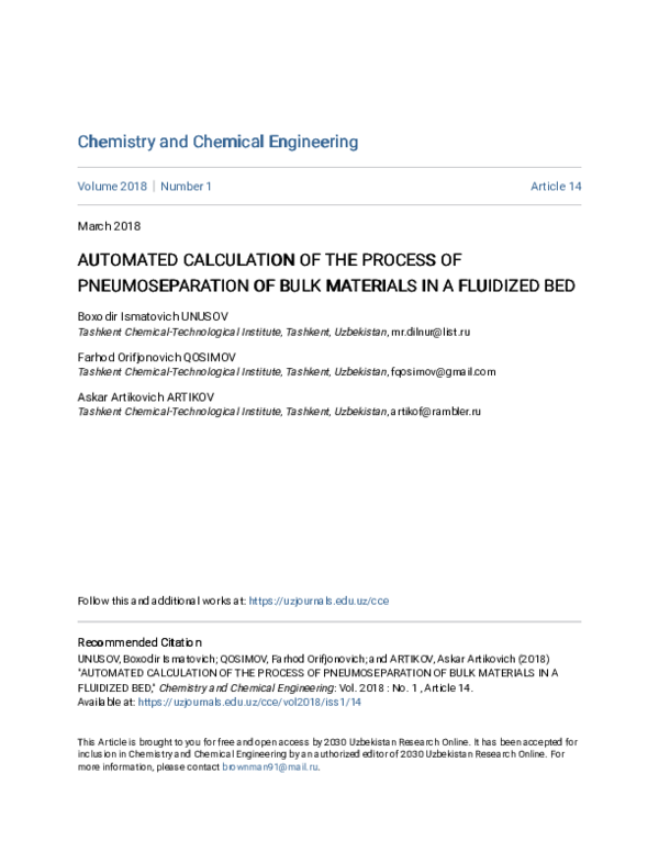 (PDF) Automated Calculation of the Process of Pneumoseparation of Bulk Materials in a Fluidized Bed