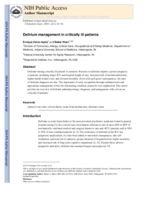 (PDF) Delirium management in critically ill patients