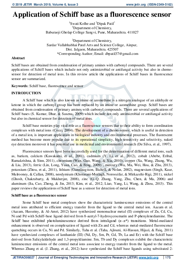 (PDF) Application of Schiff base as a fluorescence sensor