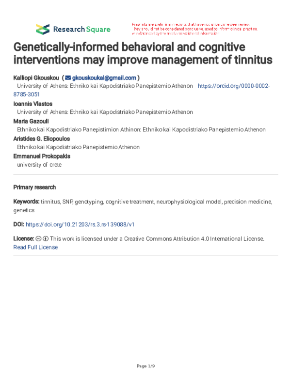 (PDF) Genetically-informed behavioral and cognitive interventions may improve management of tinnitus