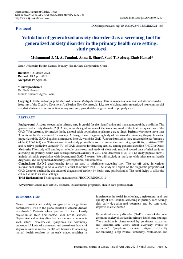 (PDF) Validation of generalized anxiety disorder-2 as a screening tool for generalized anxiety ...