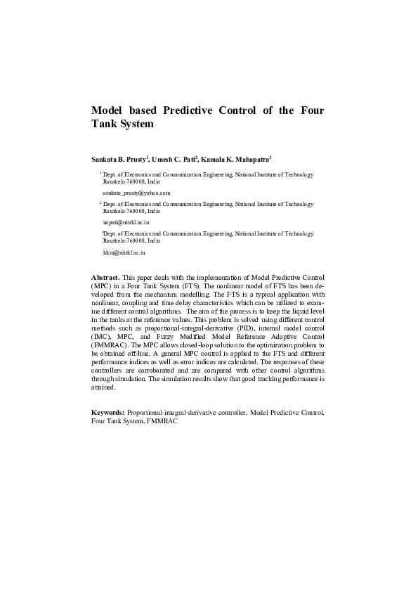 (PDF) Model Based Predictive Control of the Four Tank System | Sankata Bhanjan Prusty - Academia.edu