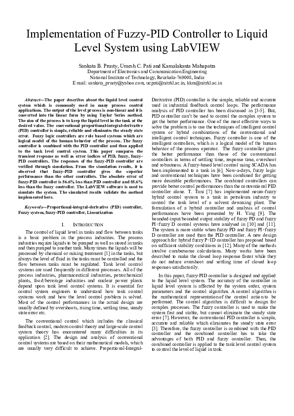 (PDF) Implementation of fuzzy-PID controller to liquid level system using LabVIEW