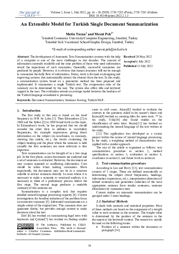 (PDF) Extensible Model for Turkish Single Document Summarization