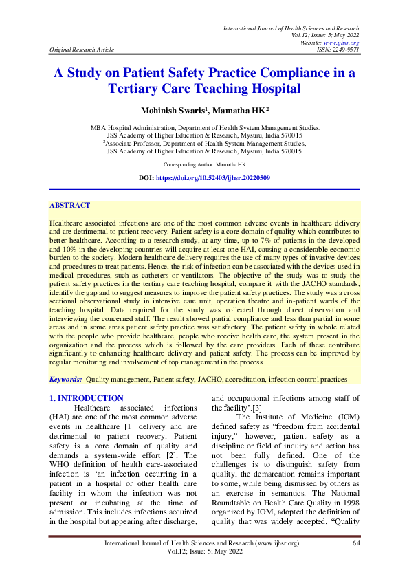 (PDF) A Study on Patient Safety Practice Compliance in a Tertiary Care ...