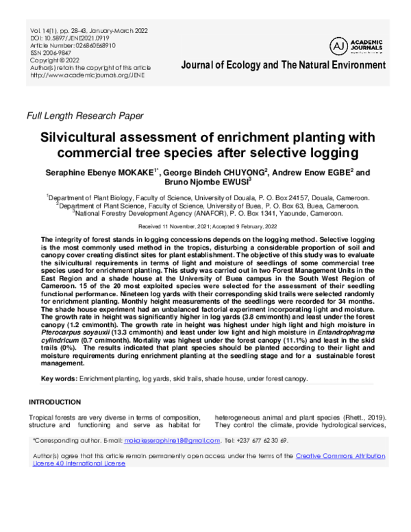 (PDF) Silvicultural assessment of enrichment planting with commercial tree species after ...