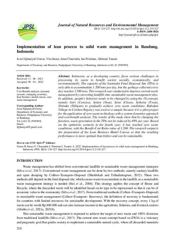 (PDF) Implementation of lean process to solid waste management in Bandung, Indonesia