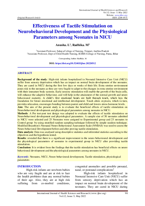 (PDF) Effectiveness of Tactile Stimulation on Neurobehavioral ...