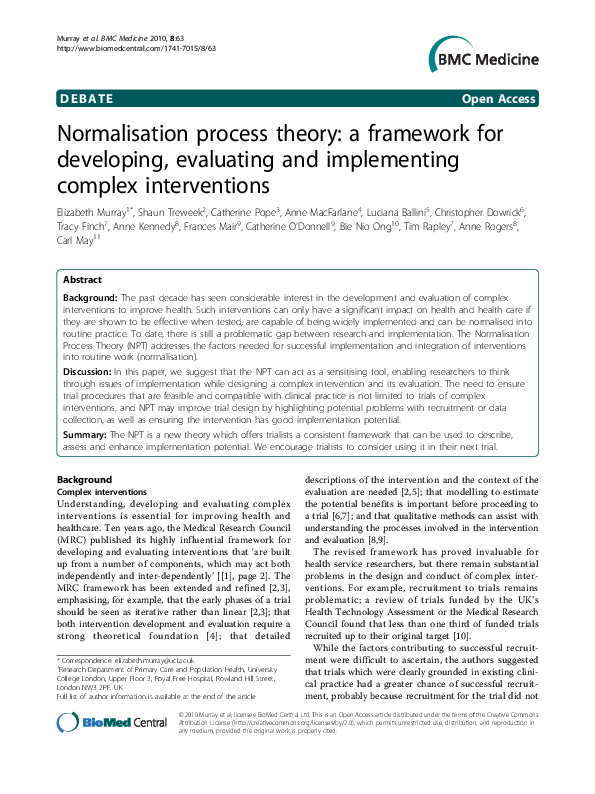 (PDF) Normalisation process theory: a framework for developing, evaluating and implementing ...