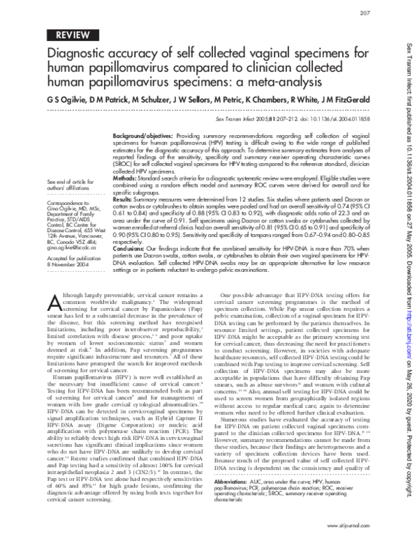 (PDF) Diagnostic accuracy of self collected vaginal specimens for human papillomavirus compared ...