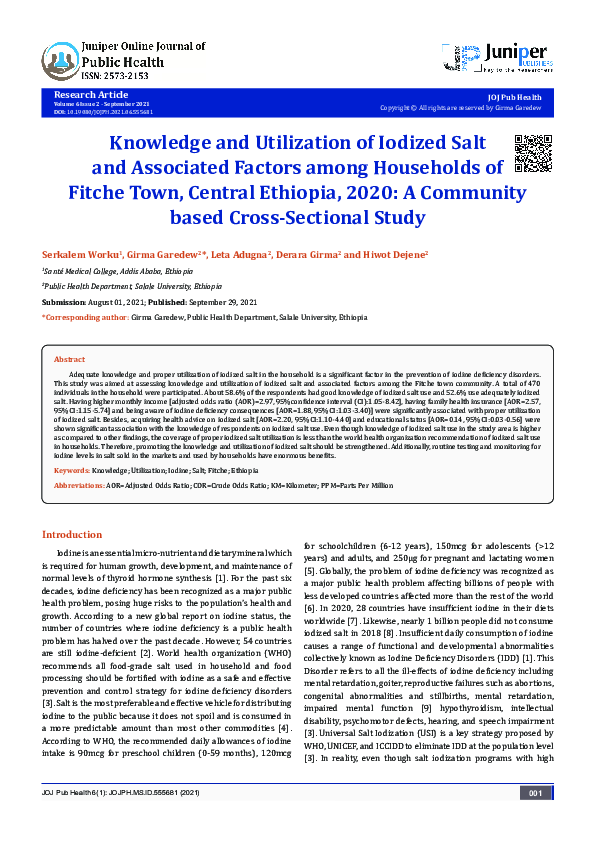 (PDF) Knowledge and Utilization of Iodized Salt and Associated Factors ...