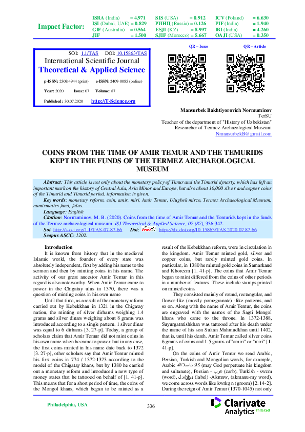 (PDF) Coins from the Time of Amir Temur and the Temurids Kept in the ...