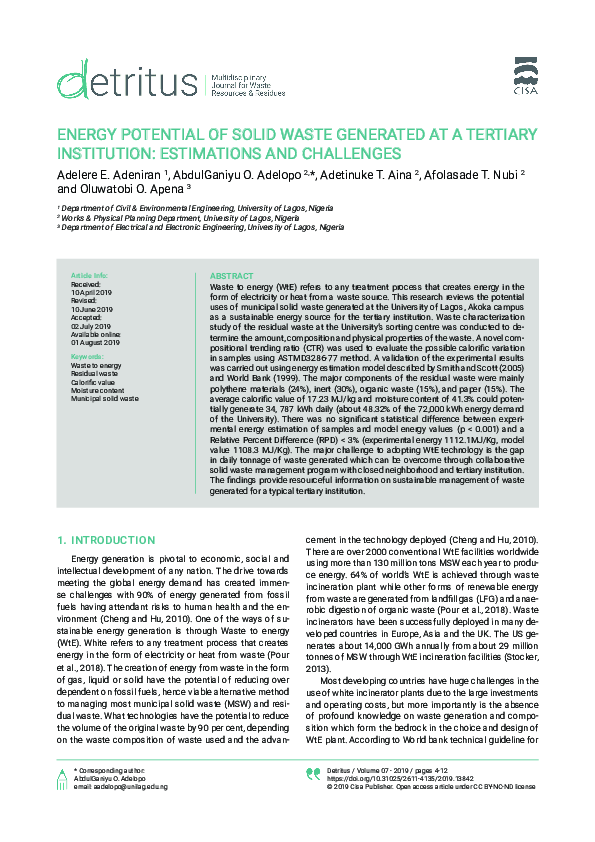 (PDF) Energy Potential of Solid Waste Generated at a Tertiary ...