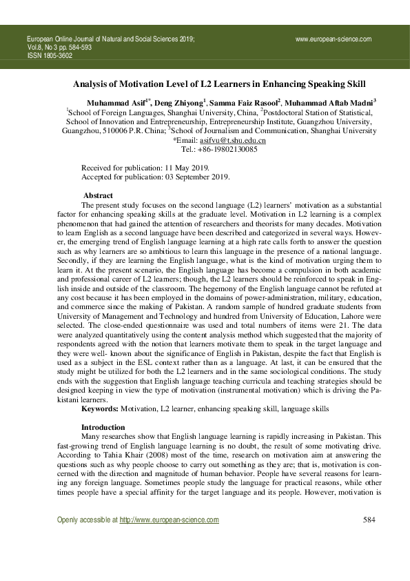 Pdf Analysis Of Motivation Level Of L2 Learners In Enhancing Speaking