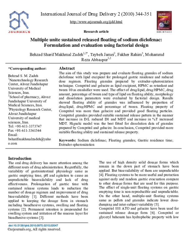 Pdf Multiple Unite Sustained Released Floating Of Sodium Diclofenac Formulation And