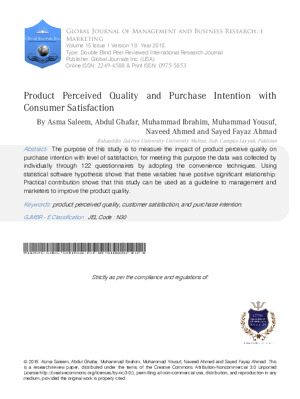 (PDF) Product Perceived Quality and Purchase Intention with Consumer Satisfaction