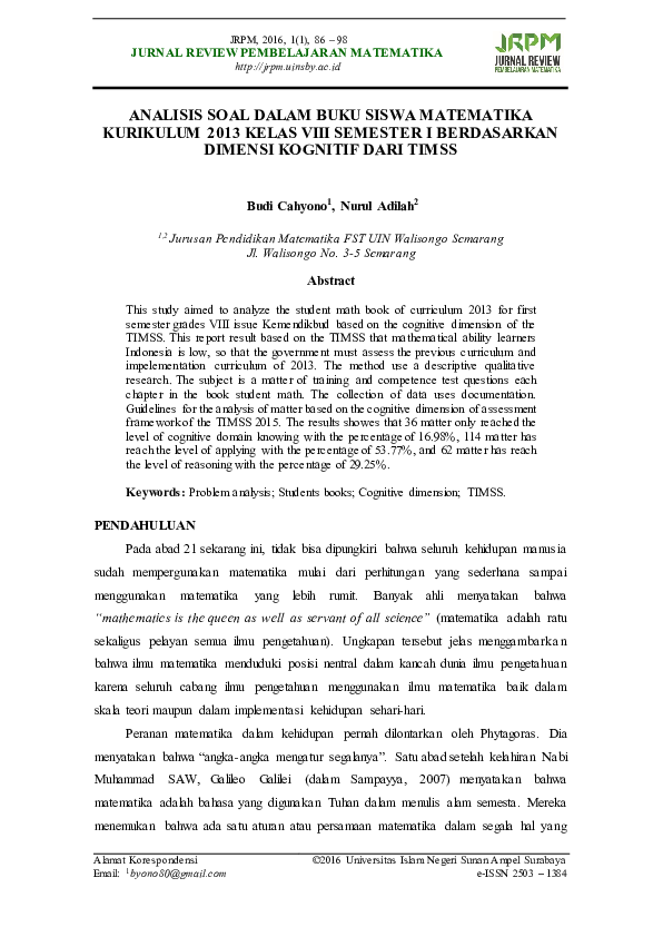 (PDF) Analisis Soal Dalam Buku Siswa Matematika Kurikulum 2013 Kelas VIII Semester I Berdasarkan ...