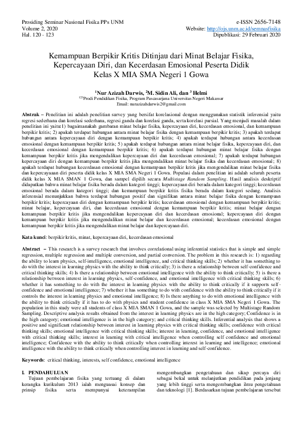 (PDF) Kemampuan Berpikir Kritis Ditinjau dari Minat Belajar Fisika, Kepercayaan Diri, dan ...