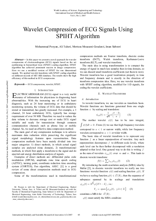 (PDF) Wavelet Compression Of Ecg Signals Using Spiht Algorithm