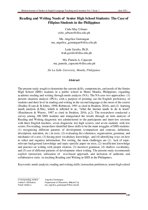 (PDF) Reading and Writing Needs of Senior High School Students: The ...