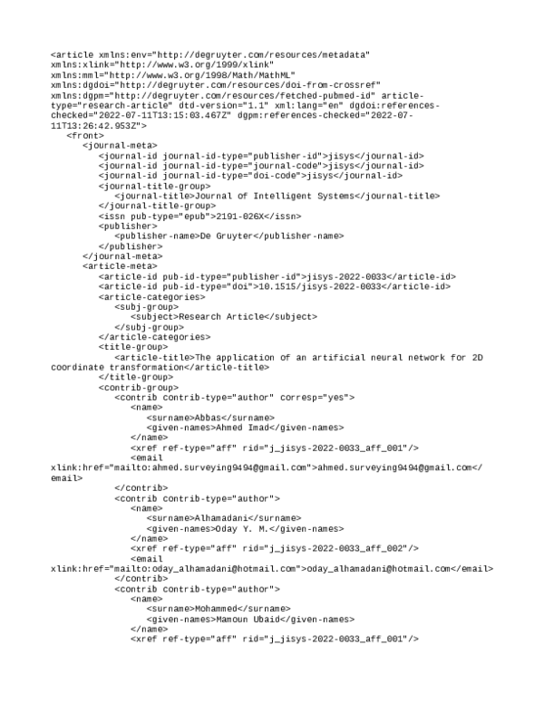 The application of an artificial neural network for 2D coordinate transformation