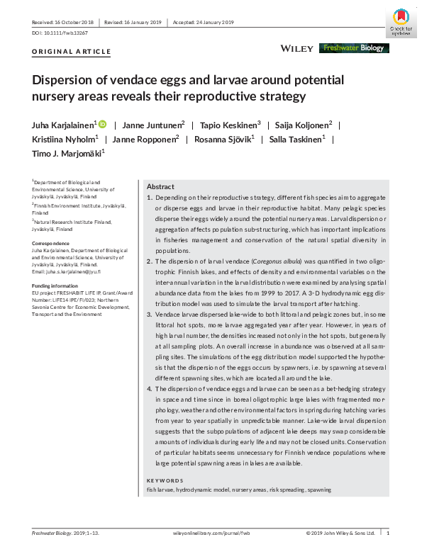 (PDF) Dispersion of vendace eggs and larvae around potential nursery ...