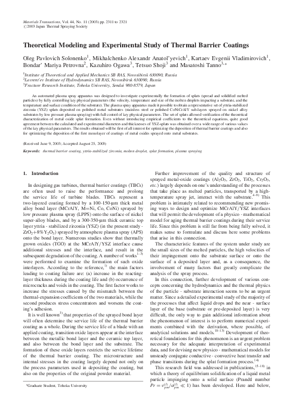 (PDF) Theoretical Modeling and Experimental Study of Thermal Barrier Coatings