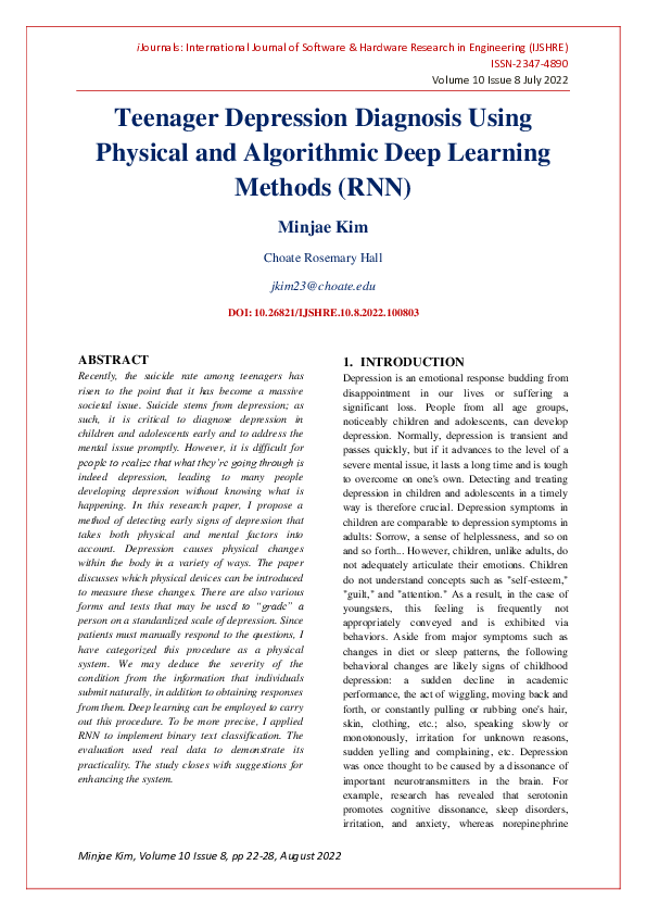 (PDF) Teenager Depression Diagnosis Using Physical and Algorithmic Deep Learning Methods (RNN