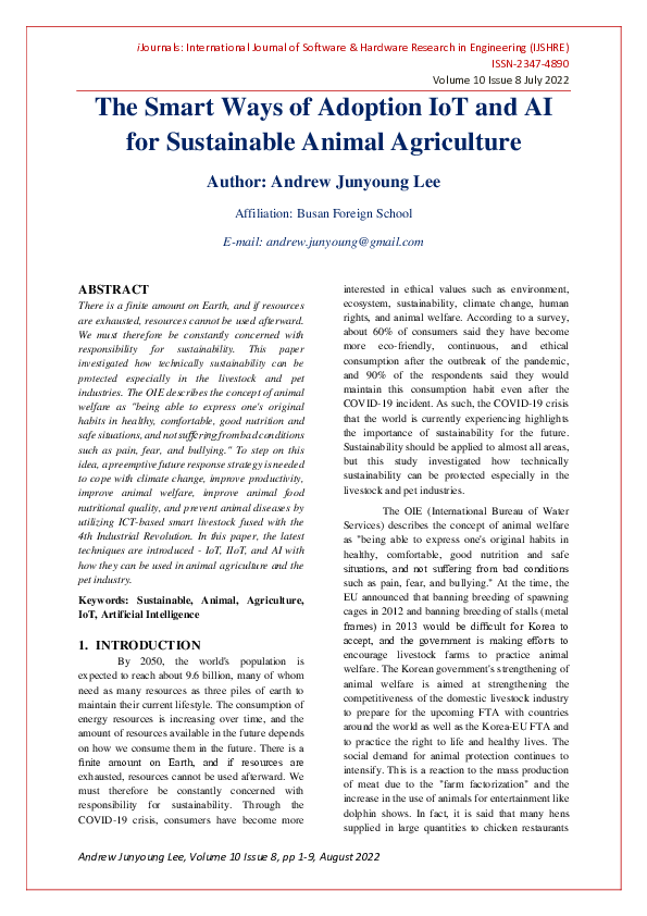 (PDF) The Smart Ways of Adoption IoT and AI for Sustainable Animal ...