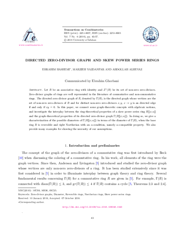 Pdf On Diameter Of The Zero Divisor And The Compressed Zero Divisor