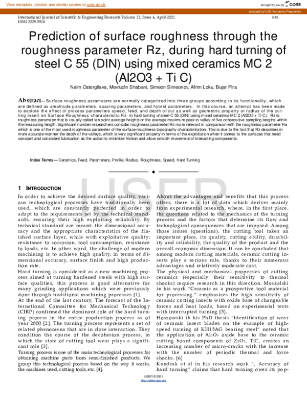 (PDF) Prediction of Surface Roughness Through Roughness Parameter Rz, During Hard Turning of ...