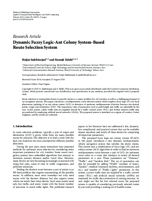 Pdf Dynamic Fuzzy Logic Ant Colony System Based Route Selection System