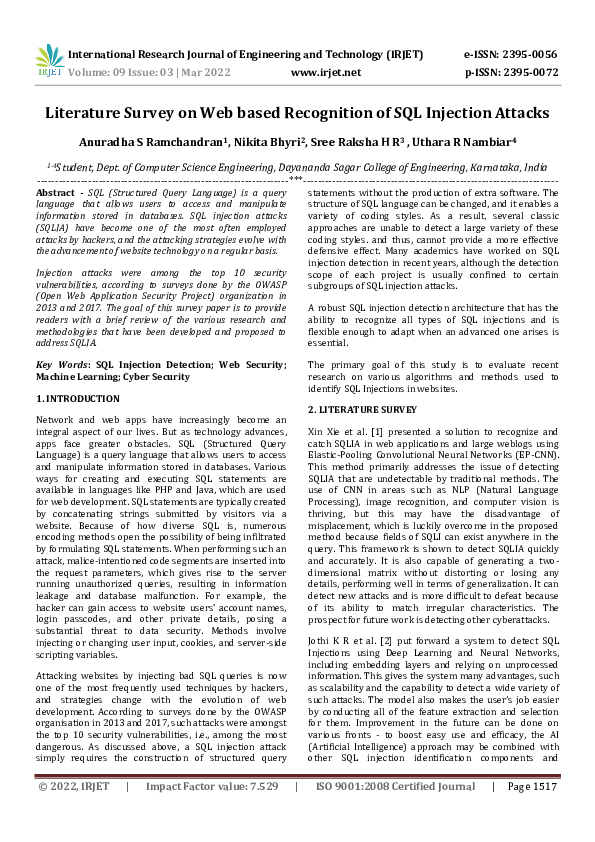Pdf Literature Survey On Web Based Recognition Of Sql Injection Attacks