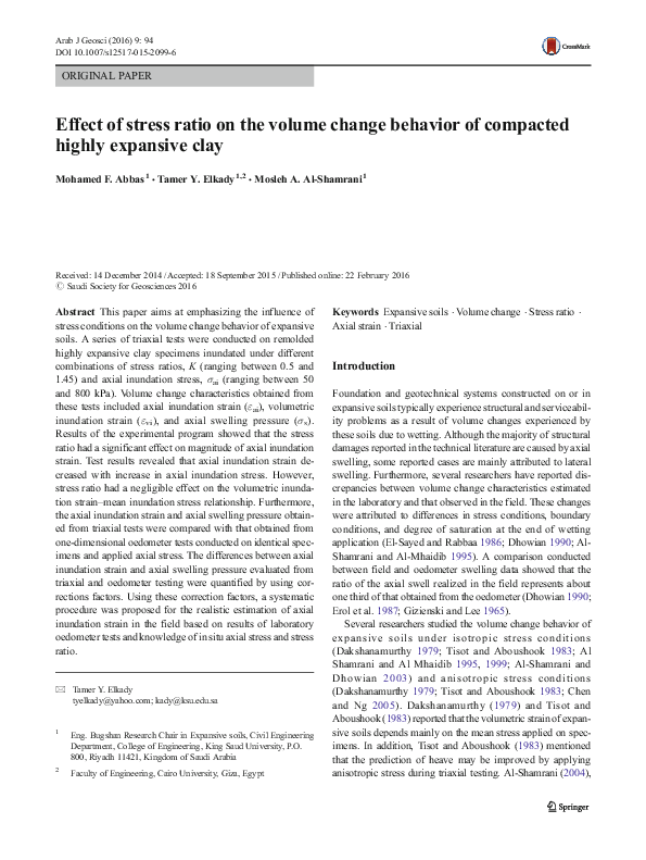 (PDF) Effect of stress ratio on the volume change behavior of compacted ...