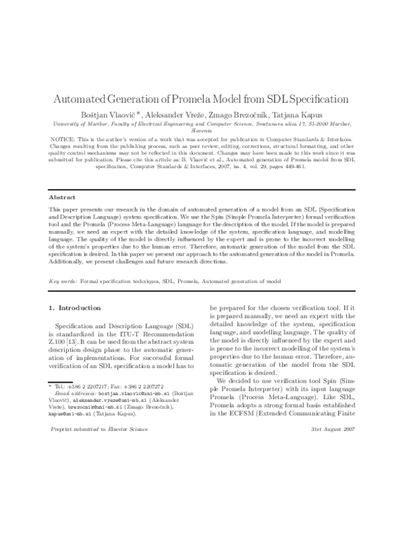 (PDF) Automated generation of Promela model from SDL specification