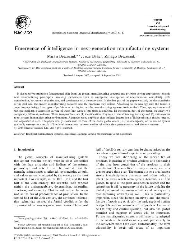 (PDF) Emergence of intelligence in next-generation manufacturing systems