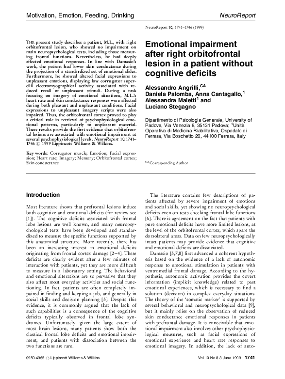 (PDF) Emotional impairment after right orbitofrontal lesion in a ...