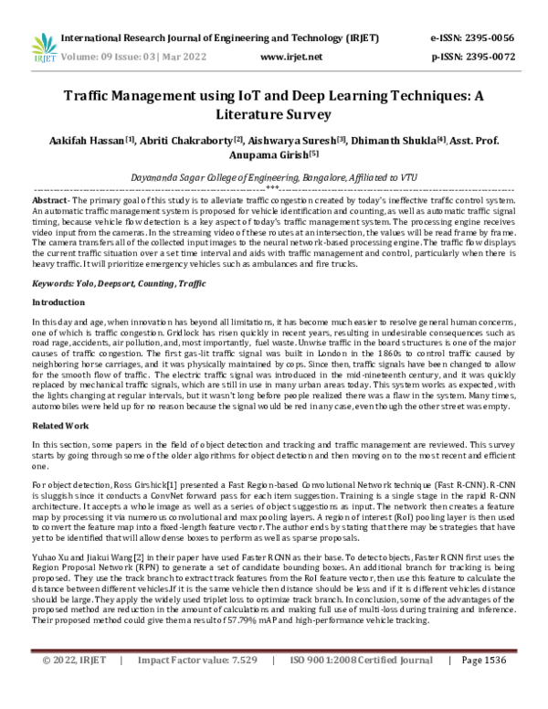 Pdf Traffic Management Using Iot And Deep Learning Techniques A