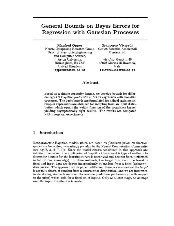 Pdf General Bounds On Bayes Errors For Regression With Gaussian Processes 