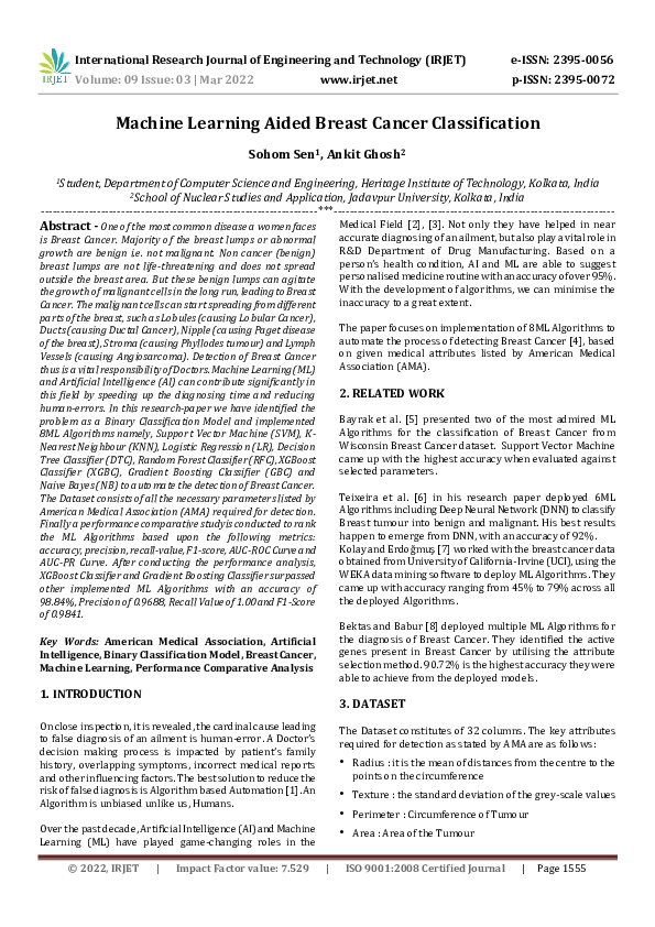 Pdf Machine Learning Aided Breast Cancer Classification Irjet Journal