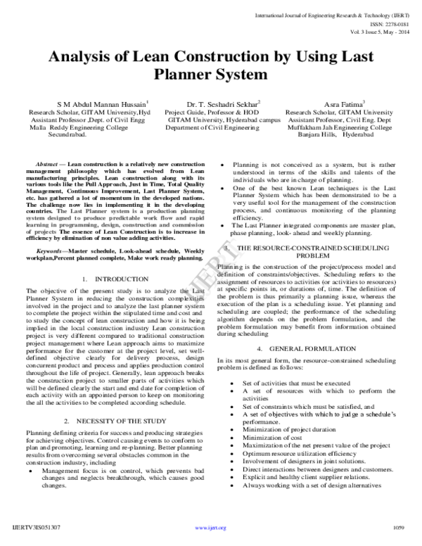 (PDF) Analysis of Lean Construction by Using Last Planner System