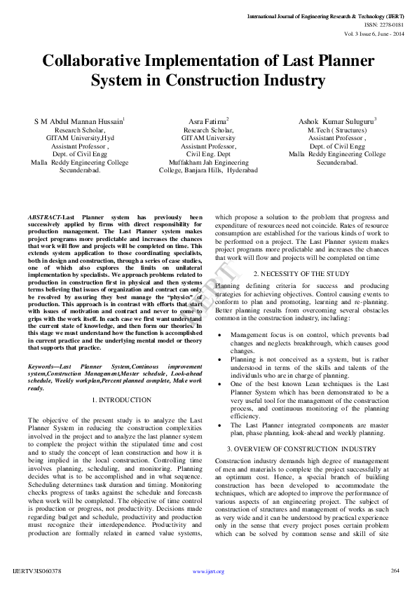 (PDF) Collaborative Implementation of Last Planner System in Construction Industry | mannan ...