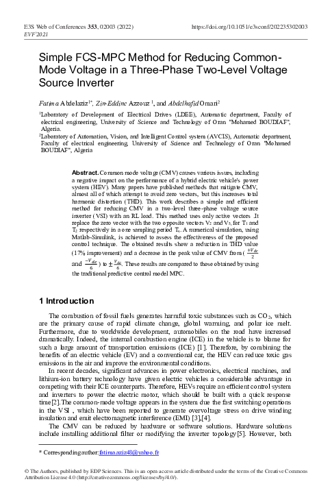 Pdf Simple Fcs Mpc Method For Reducing Common Mode Voltage In A Three